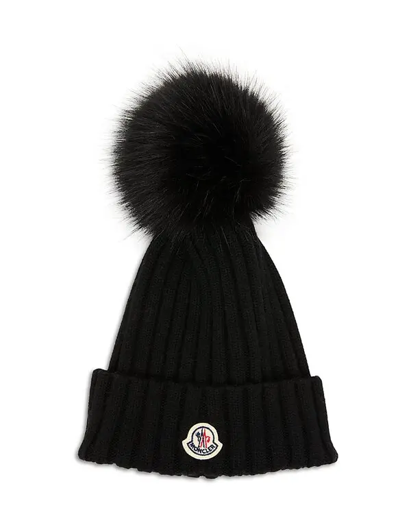 Moncler Wool Beanie With Faux Fur Pom Pom - Black