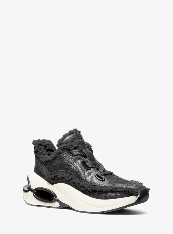 Michael Kors Toni Distressed Leather And Sherpa Trainers - Black