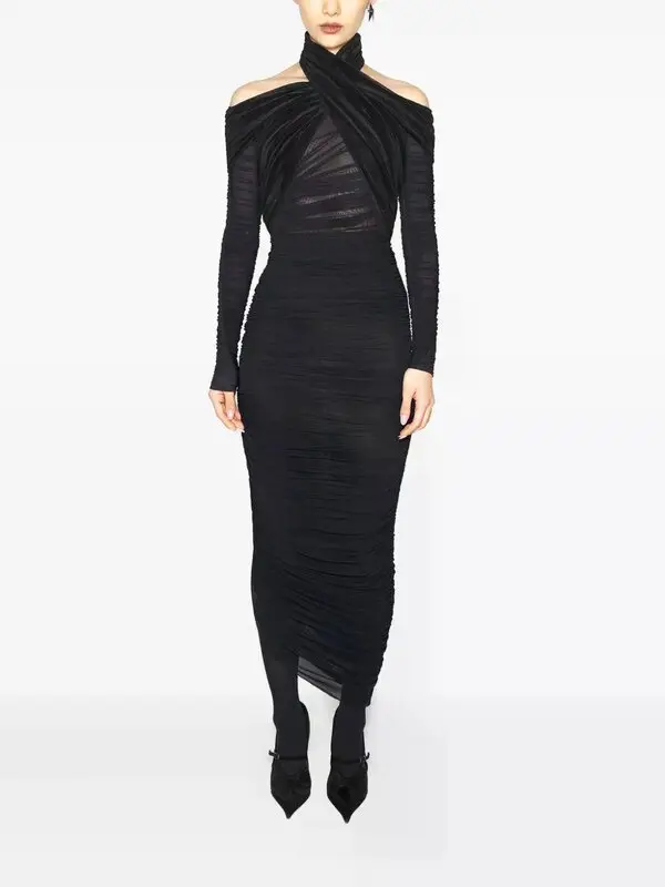 MUGLER Cross-neckline Draped Midi Dress