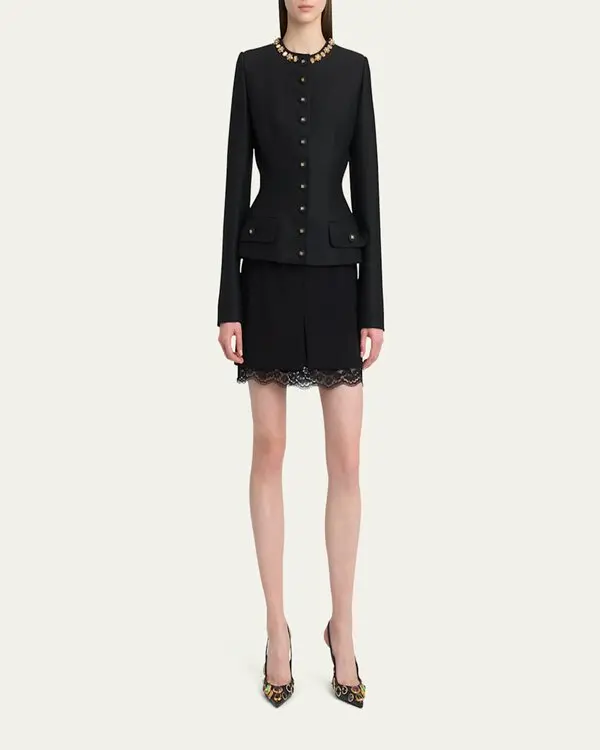Dolce Gabbana Lana Double Crepe Mini Skirt With Lace Trim