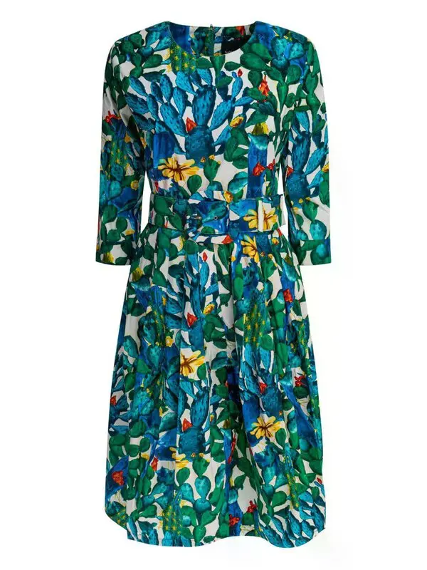 Samantha Sung Rachel Cactus-print Belted Midi Dress - Blue