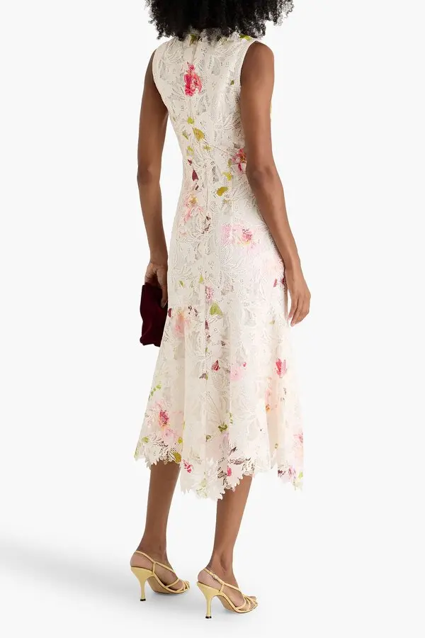Monique Lhuillier Floral-Print Guipure Lace Midi Dress In Cream - 55% Off |  Editorialist