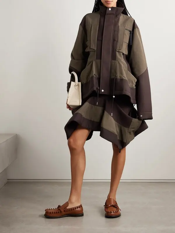 Sacai Draped Paneled Scuba And Cotton-blend Grosgrain Jacket