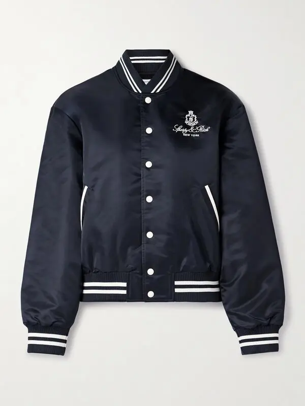 SPORTY & RICH Vendome Embroidered Striped Shell Bomber Jacket - Blue
