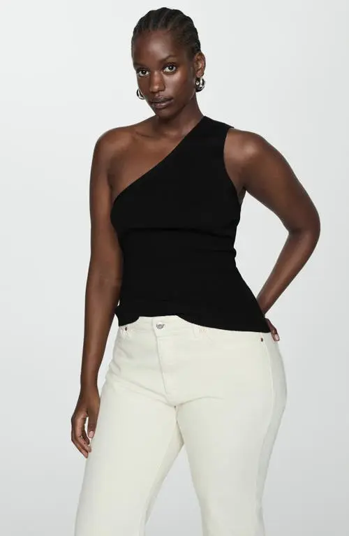 Mango Ribbed One-shoulder Top - Black