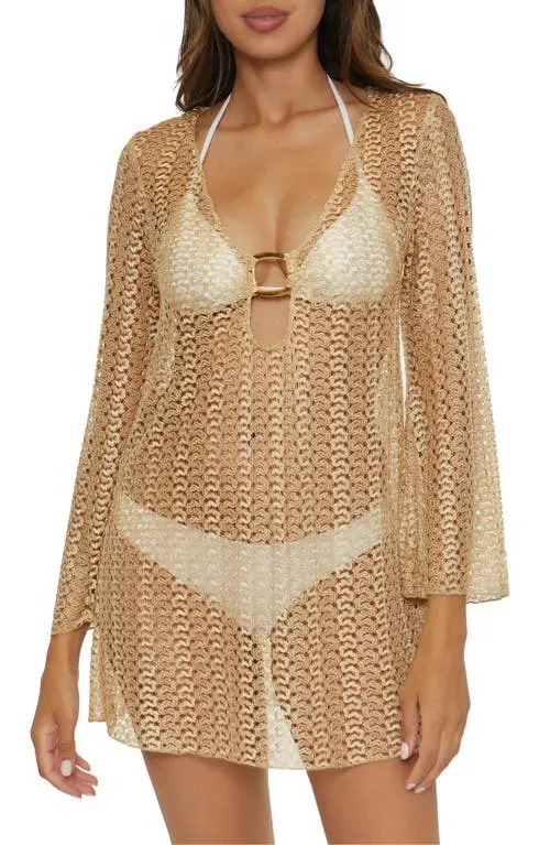 BECCA® By Rebecca Virtue Metallic Long Sleeve Sheer Cover-up Dress - Gold