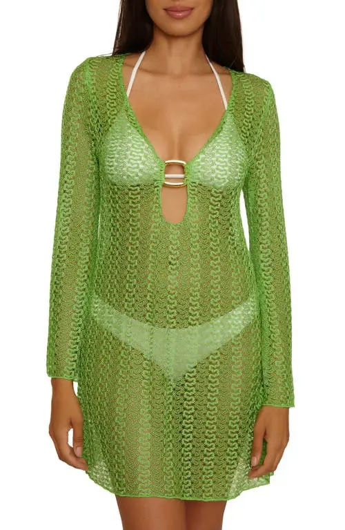 BECCA By Rebecca Virtue Metallic Long Sleeve Sheer Cover-up Dress - Green Apple