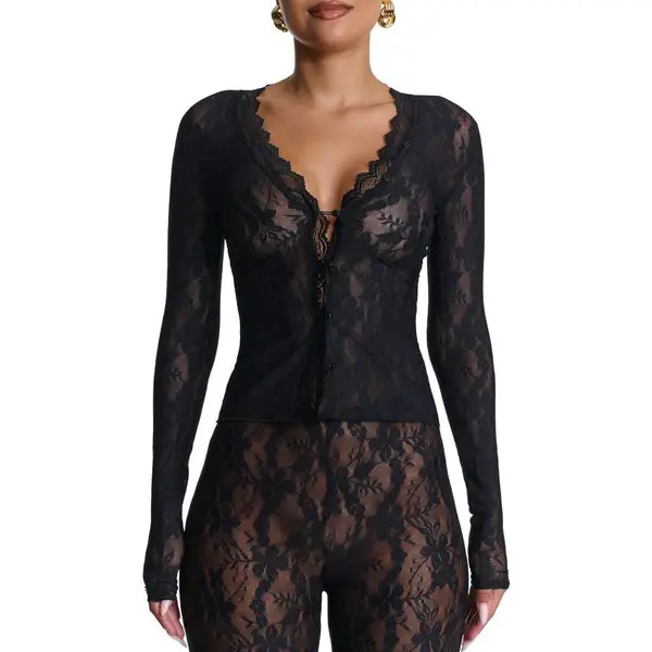 Naked Wardrobe Lace Long-sleeve Button-up Top - Black
