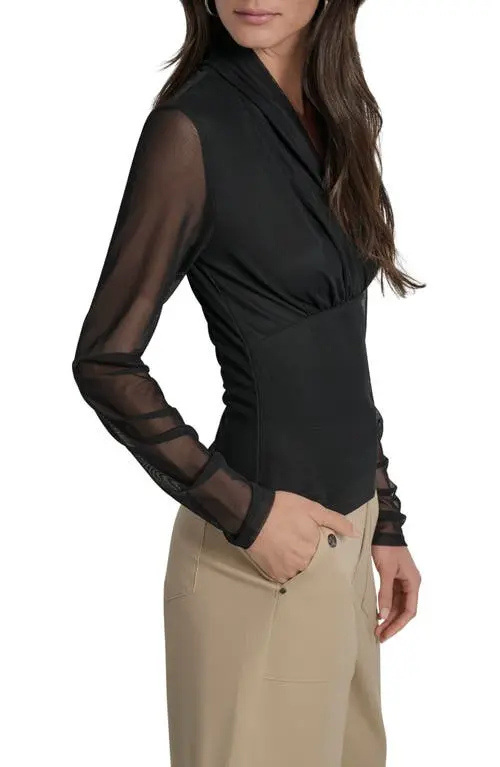 Dkny V-neck Top With Mesh Sleeves