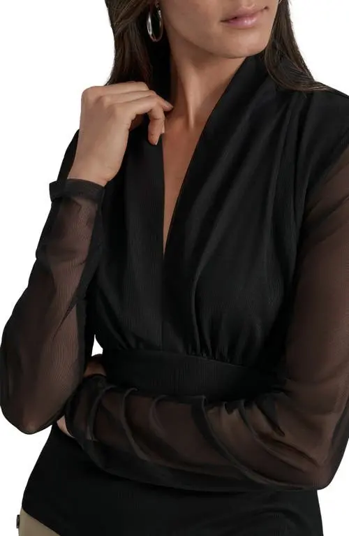 Dkny V-neck Top With Mesh Sleeves