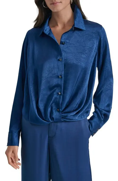 Dkny Twist Front Crinkle Satin Shirt - Cadet Blue