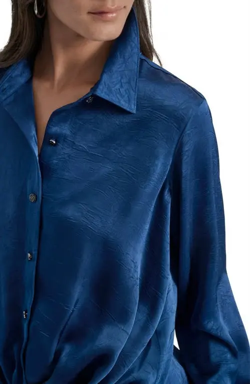 Dkny Twist Front Crinkle Satin Shirt - Cadet Blue