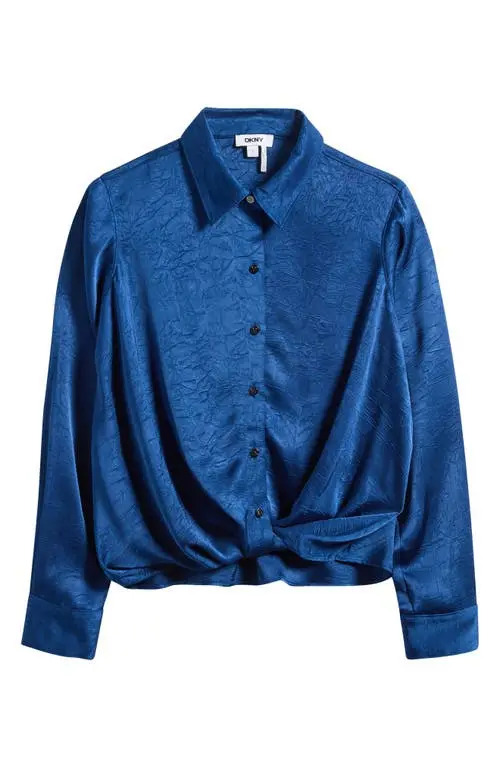 Dkny Twist Front Crinkle Satin Shirt - Cadet Blue