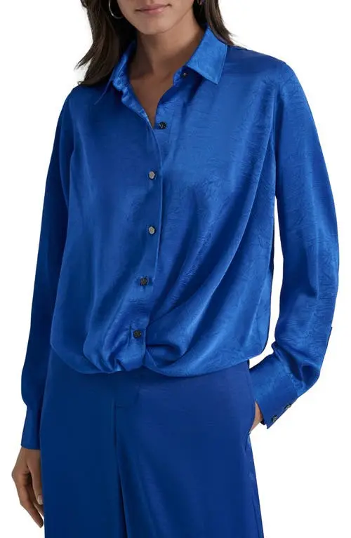 Dkny Twist Front Crinkle Satin Shirt - Classic Blue