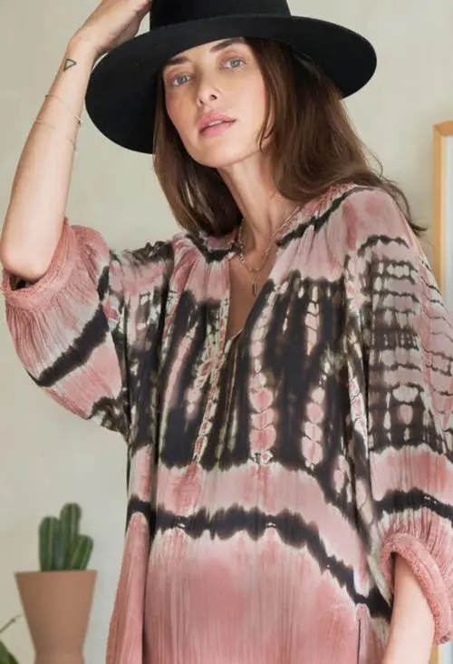 OCEAN+MAIN Tie Dye Gauze A-line Dress With Pockets - Aztec