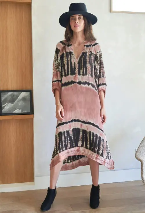 OCEAN+MAIN Tie Dye Gauze A-line Dress With Pockets - Aztec