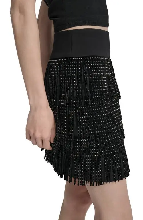Dkny Studded Fringe Mini Skirt - Black