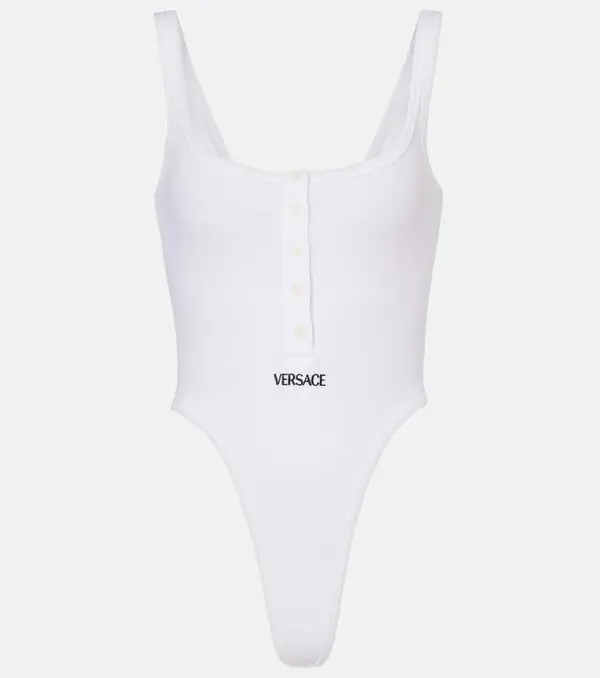 Versace Logo Ribbed-knit Bodysuit - White