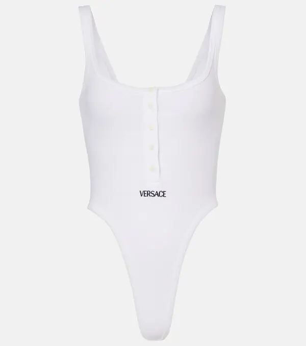Versace Logo Ribbed-knit Bodysuit - White