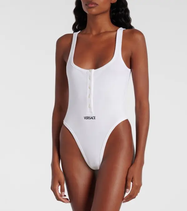 Versace Logo Ribbed-knit Bodysuit - White