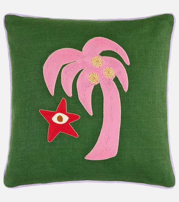 Jonathan Adler Playa Palm Tree Linen Cushion - Green