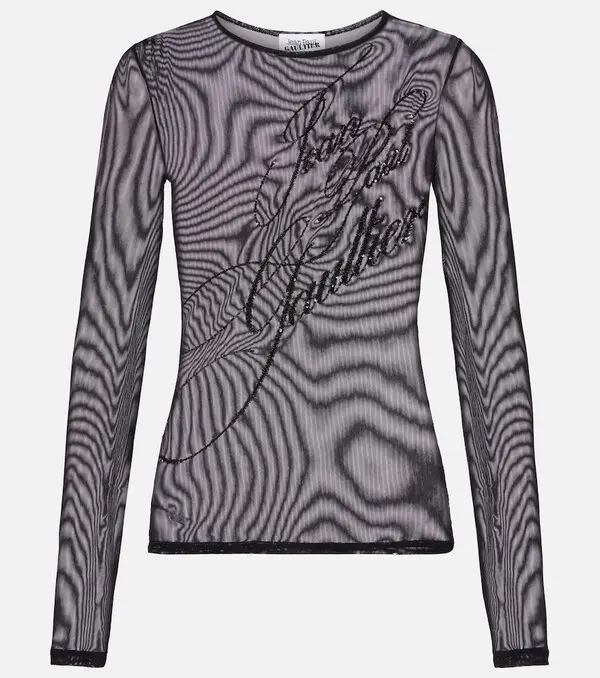 JEAN PAUL GAULTIER Logo Sequined Tulle Top - Black