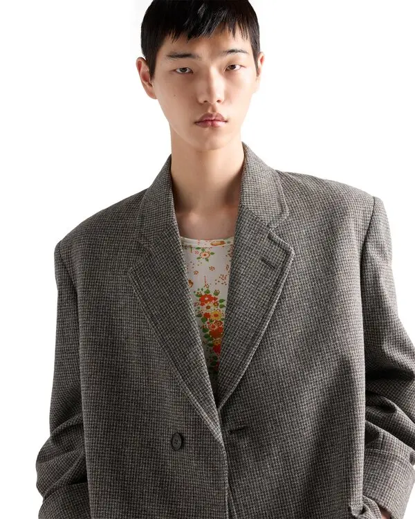 Prada Single-breasted Houndstooth Wool Coat