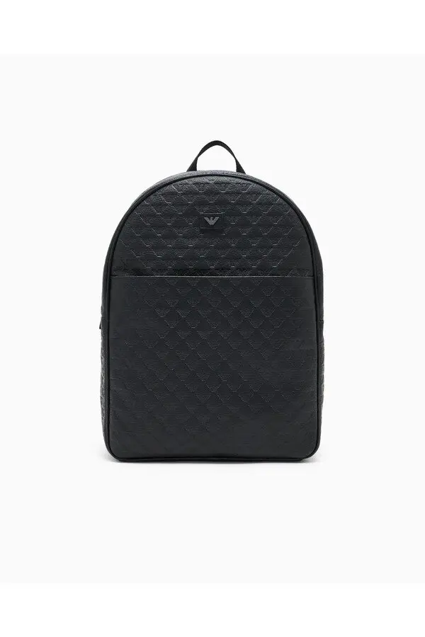 Emporio Armani Leather Backpack With Embossed Eagle And Outer Pocket