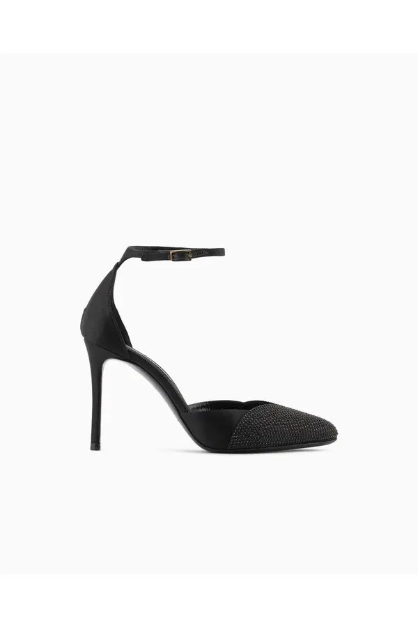 Giorgio Armani Satin Ankle-strap Pumps With Rhinestones - Black