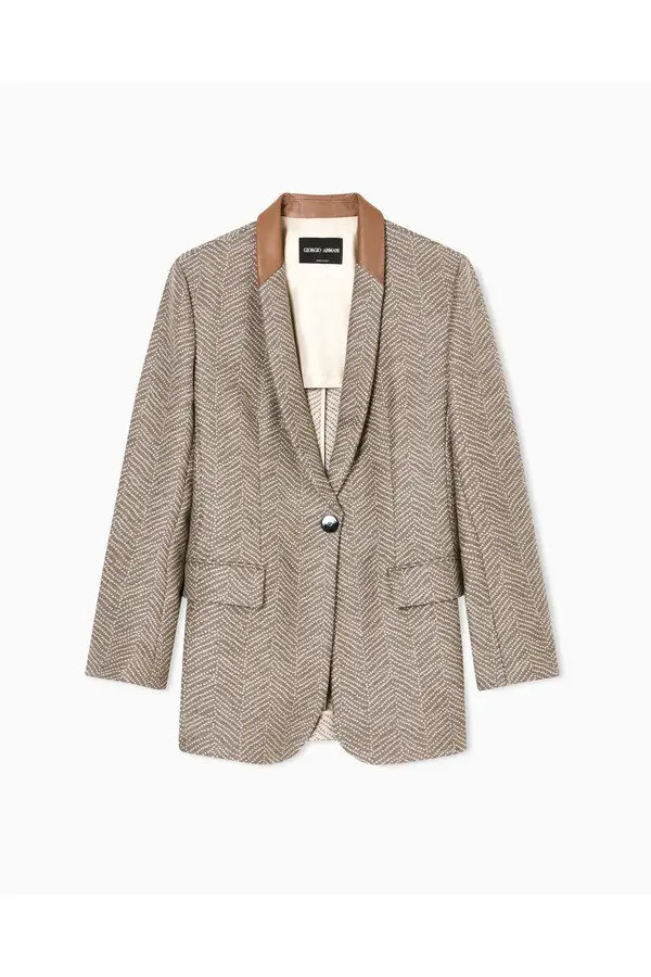 Giorgio Armani Single-breasted Jacket In Chevron Jacquard - Brown / Neutral
