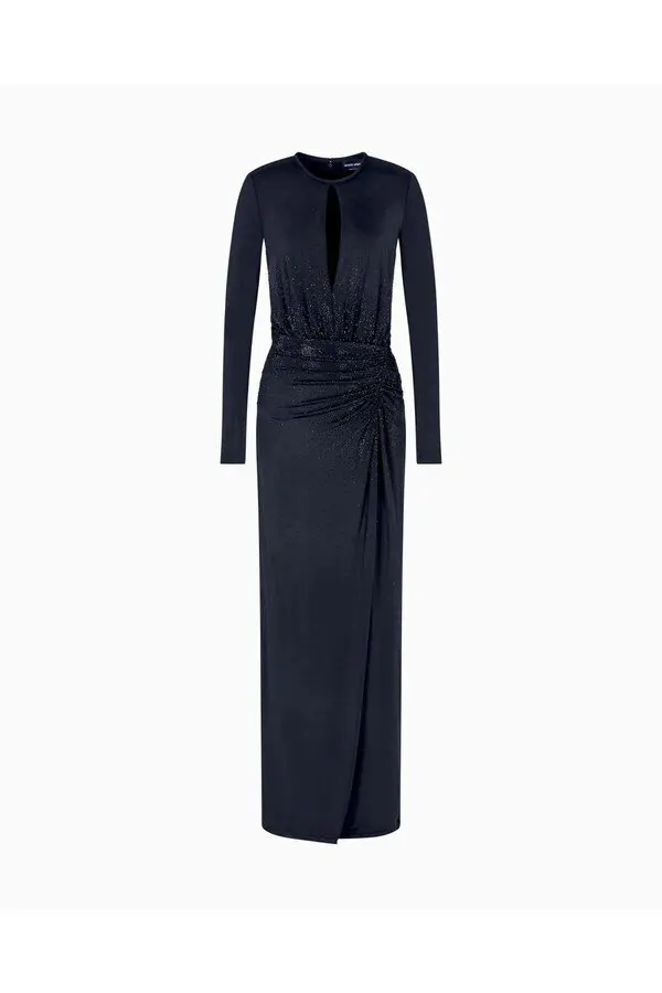 Giorgio Armani Viscose Jersey Long Dress With Rhinestone Embroidery - Black