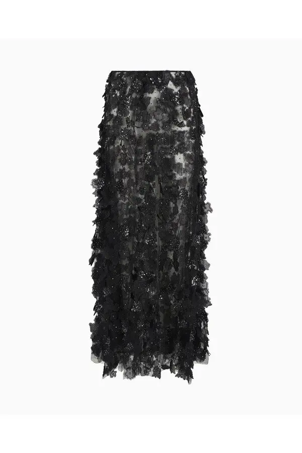 Giorgio Armani Embroidered Tulle Maxi Skirt - Black
