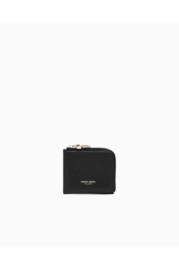 Giorgio Armani Small Wrap-around Zip Wallet In Pebbled Calfskin - Black