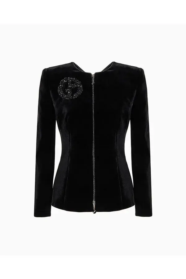 Giorgio Armani Velvet Zip-up Jacket With Bow Detail And Embroidery - Black