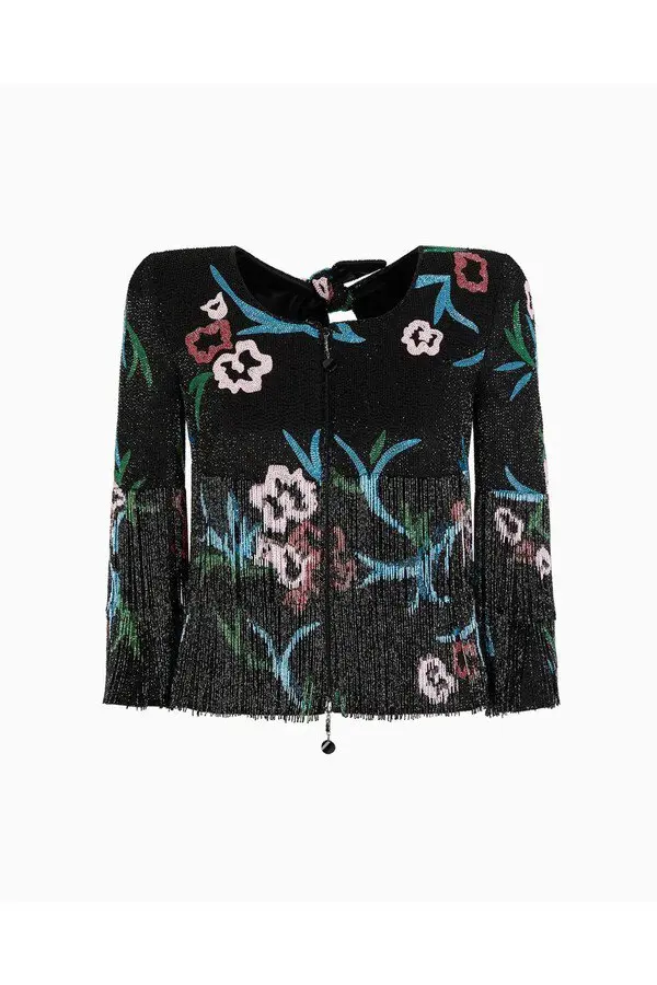 Giorgio Armani Floral Embroidered Silk Organza Jacket - Black