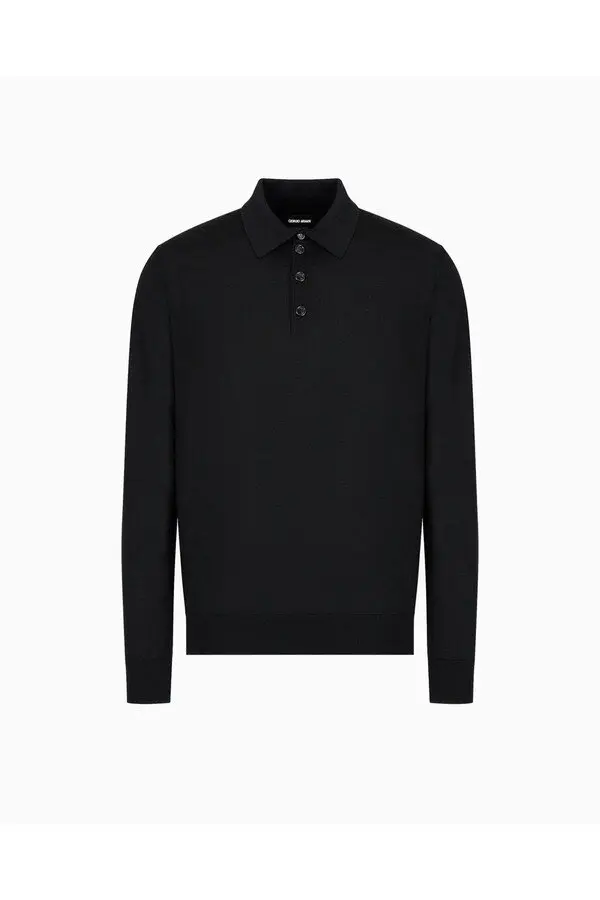 Giorgio Armani Long-sleeved Polo Shirt In Virgin Wool - Black