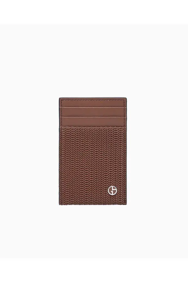 Giorgio Armani Card Holder In Embossed Leather - Brown