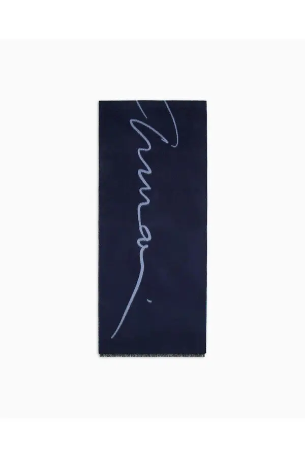 Giorgio Armani Two-tone Wool And Silk Scarf With Signature Logo - Blue