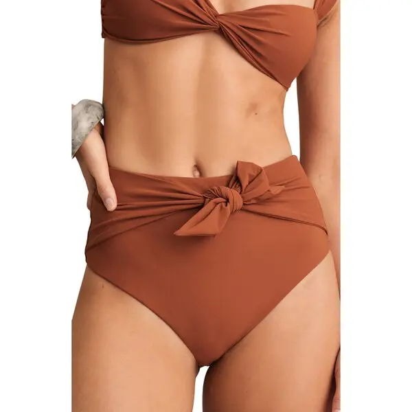 REISS Hallie Tie Front High-waisted Bikini Bottoms - Brown