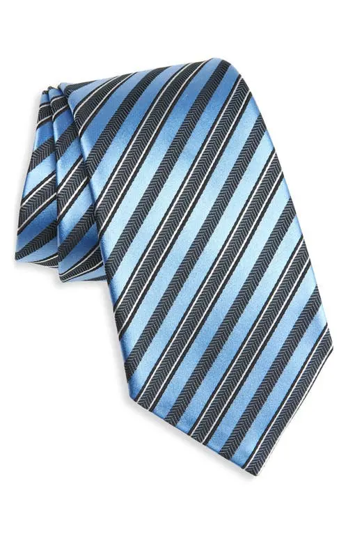 Zegna Chevron Stripe Mulberry Silk & Cotton Tie - Light Blue