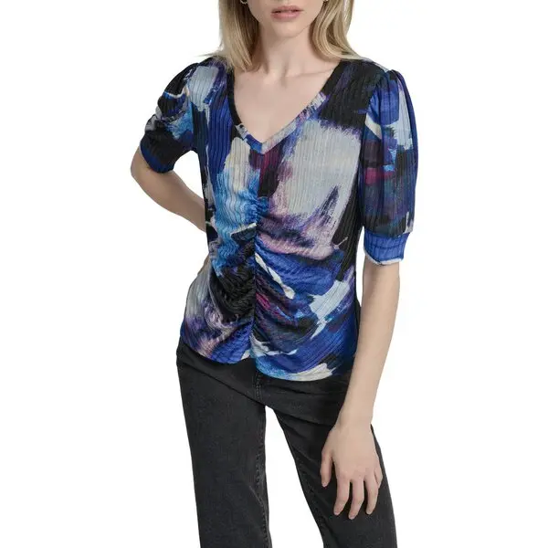 Dkny Print Ruched Puff Sleeve Top - Blue Brush