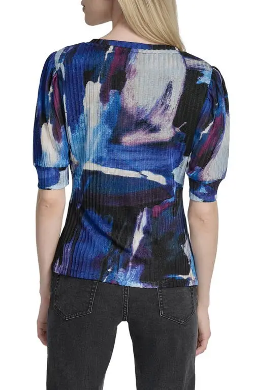 Dkny Print Ruched Puff Sleeve Top - Blue Brush