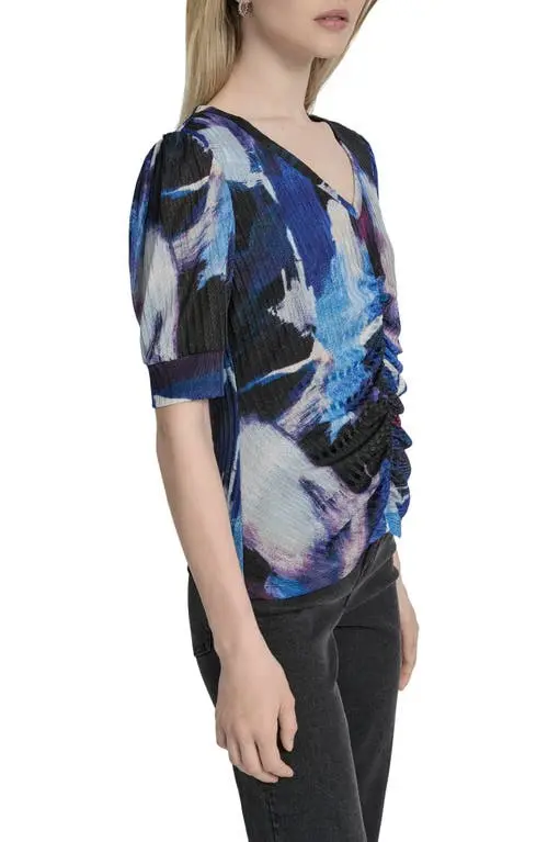 Dkny Print Ruched Puff Sleeve Top - Blue Brush
