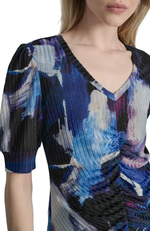 Dkny Print Ruched Puff Sleeve Top - Blue Brush