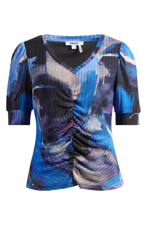 Dkny Print Ruched Puff Sleeve Top - Blue Brush