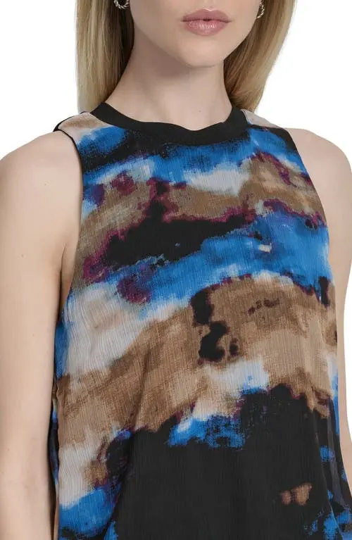 Dkny Printed Sleeveless Chiffon Bubble Top - Clouded Indigo