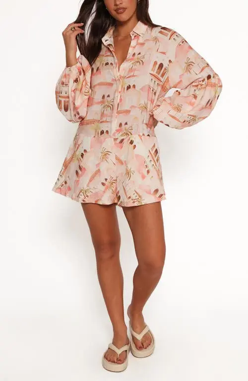PETAL & PUP Landscape Print Long Sleeve Romper - Tan Print