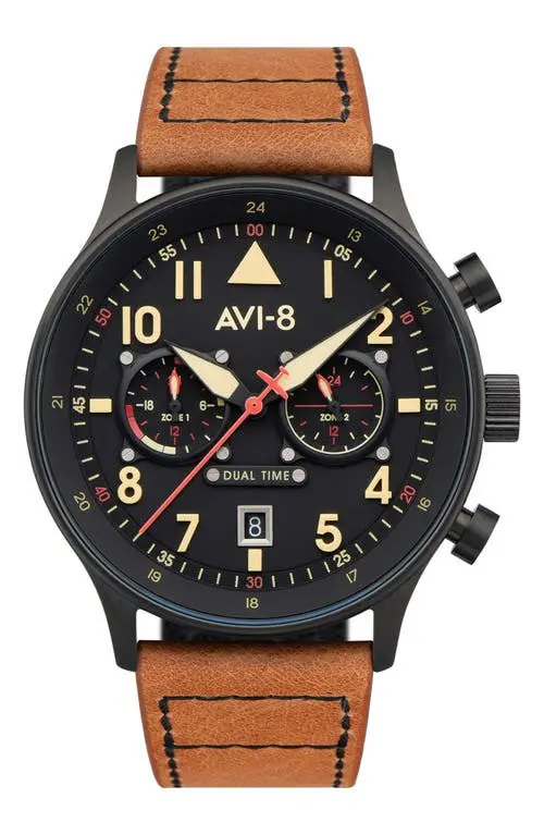 AVI-8 Hawker Hurricane Chronograph Leather Strap Watch - Black