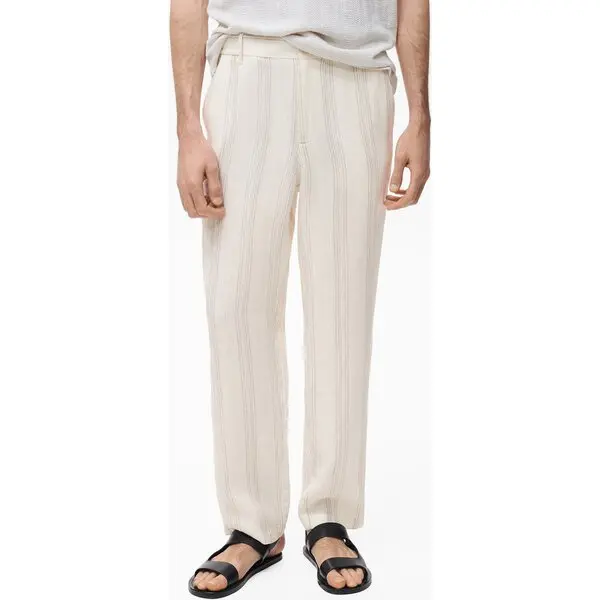 Mango Elastic Waist Linen Straight Leg Pants - Off White