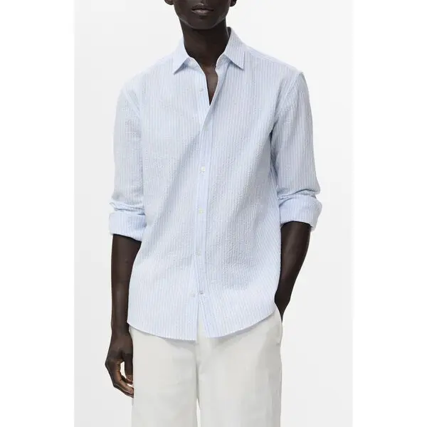 Mango Stripe Stretch Cotton Seersucker Button-up Shirt - Sky Blue